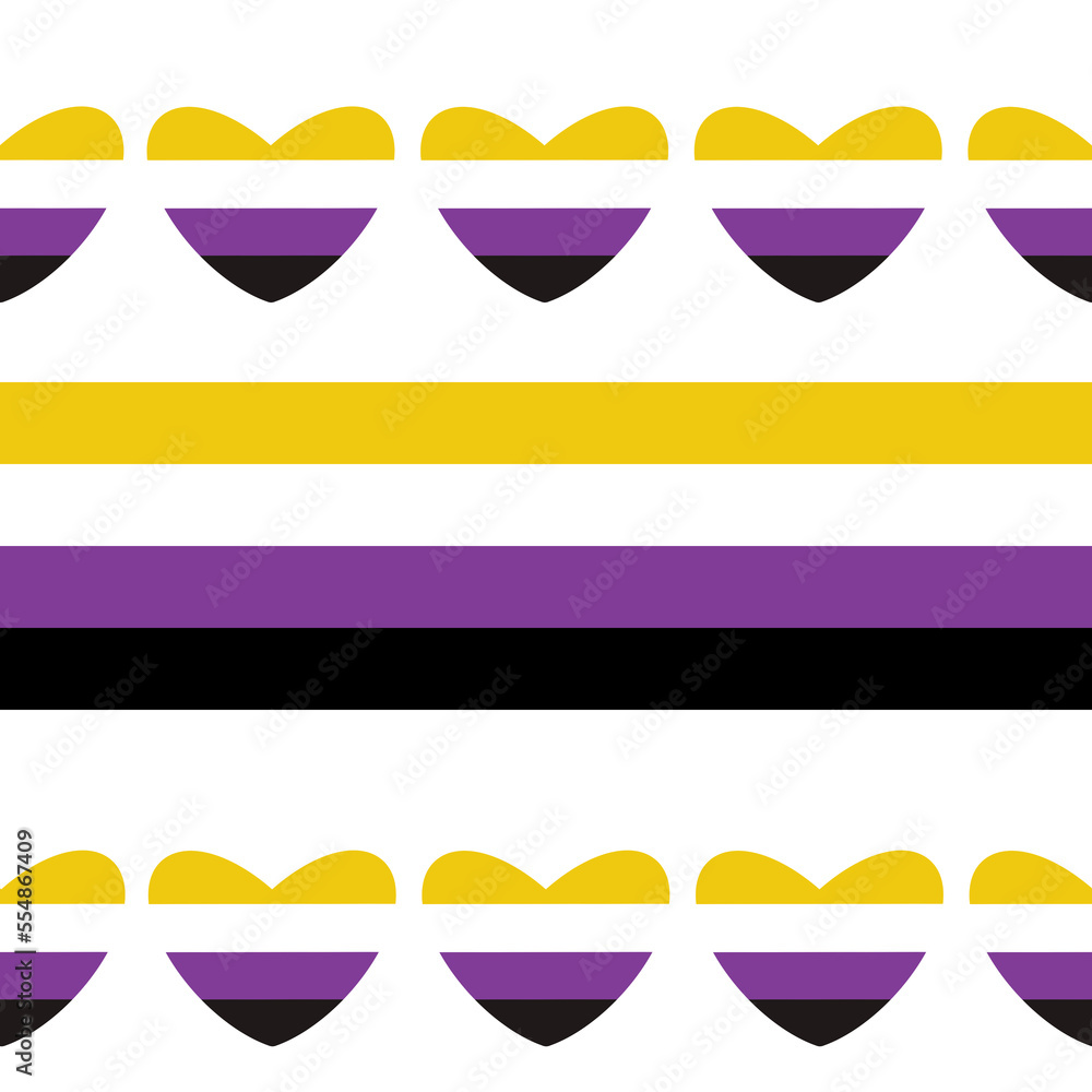 Non binary rainbow seamless pattern with flat hearts isolated and rainbow flag on white ...