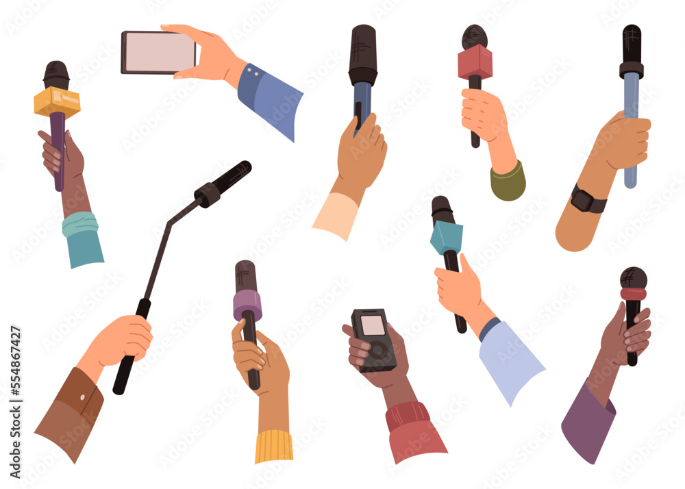 Microphones in hands, audience, reportage and communication flat ...