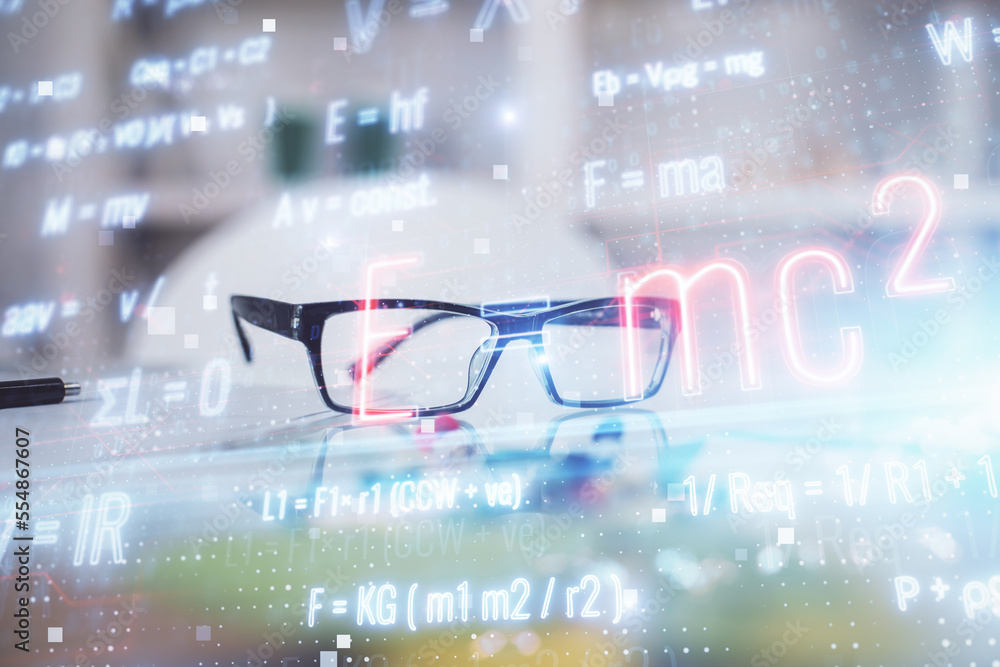 Formulas drawing with glasses on the table background. Concept of ...
