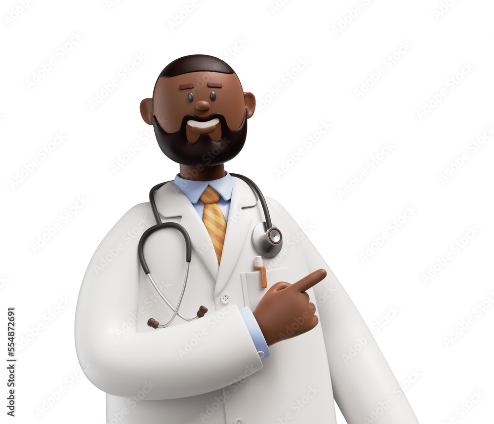 3d render. Doctor african cartoon character shows right, gives ...