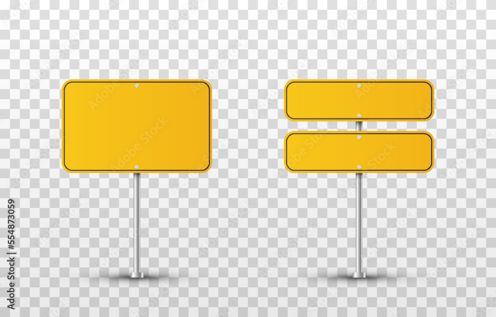 Vector set of road signs on an isolated transparent background. Yellow ...