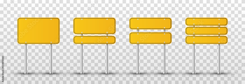 Vector set of road signs on an isolated transparent background. Yellow ...