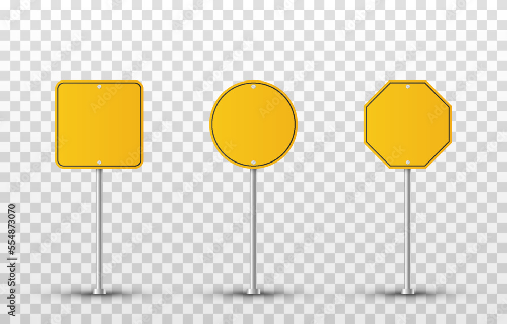 Vector set of road signs on an isolated transparent background. Yellow ...