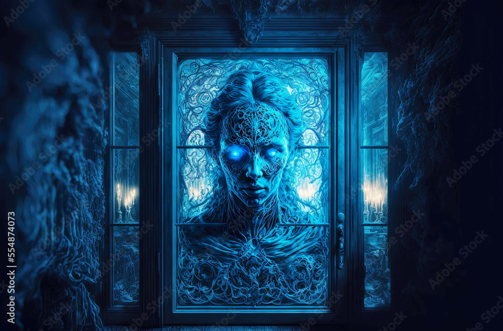 Horror house interior with scary awakened female zombie at doorway ...