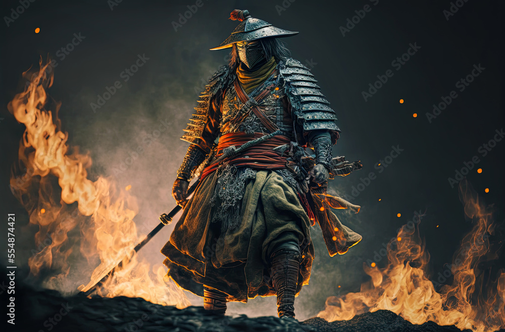 Standing Samurai with katana and fire flames on background ...