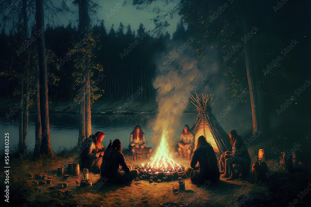 A Nation Tribe Around a Fire. Digital illustration. Generative AI Stock ...