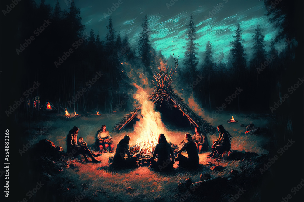 A Nation Tribe Around a Fire. Digital illustration. Generative AI Stock ...