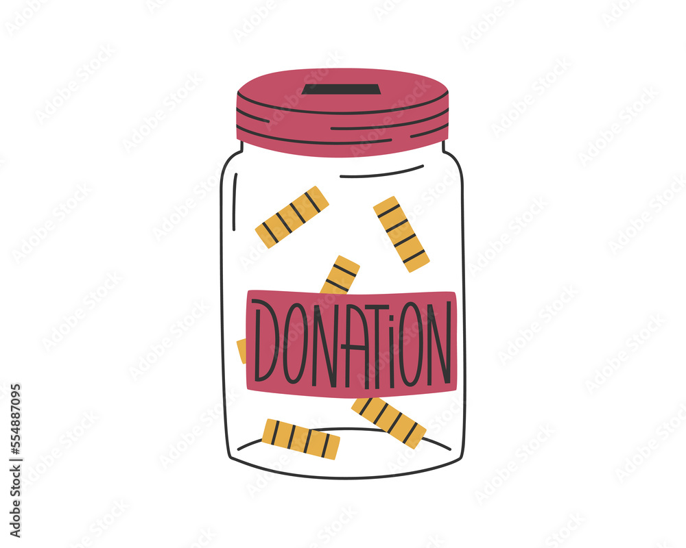 Hand drawn cute illustration of jar of coins. Flat vector donation bank ...