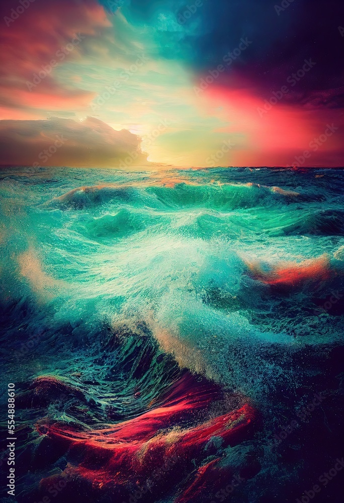 Beautiful powerful ocean waves on sunset. Coloring sunrise. Splashing ...
