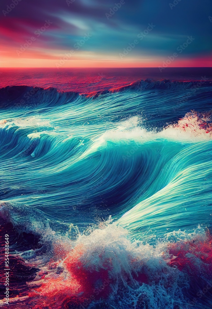 Beautiful powerful ocean waves on sunset. Coloring sunrise. Splashing ...
