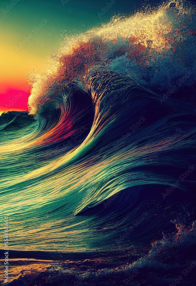 Beautiful powerful ocean waves on sunset. Coloring sunrise. Splashing ...