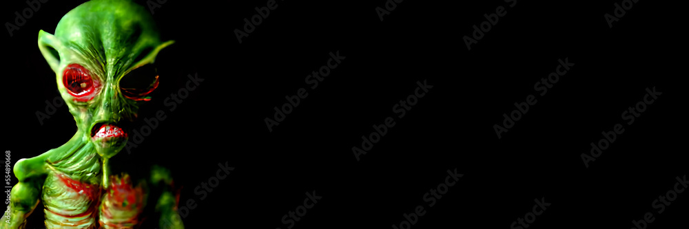 Green scary Alien - Generative AI Illustration - Black Background for ...