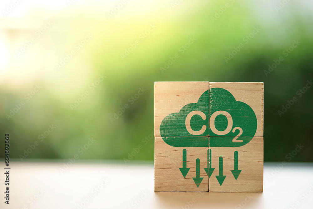 CO2 reducing icon assemble on wooden cube block for decrease CO2 ...