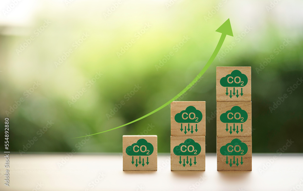 Stacking CO2 reducing icon with up arrow for decrease CO2 , carbon ...