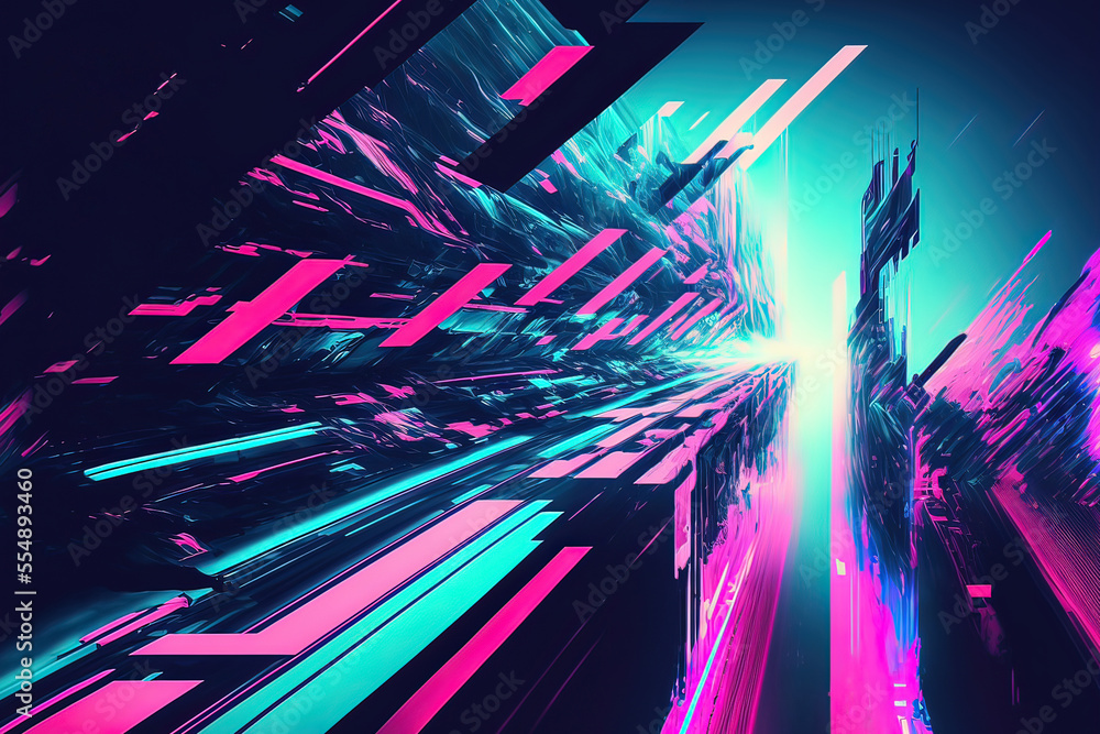 Abstract blue, mint and pink background with interlaced digital glitch ...