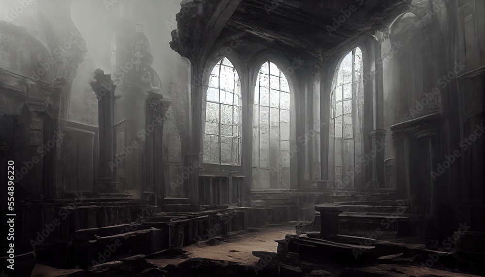Foggy hall interior in gothic ancient chapel with tall windows and ...