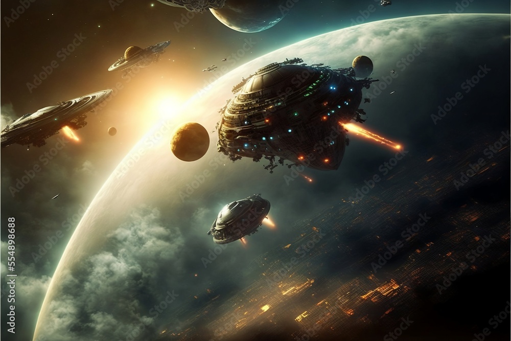 Large alien space battle featuring large spaceships and alien planets ...
