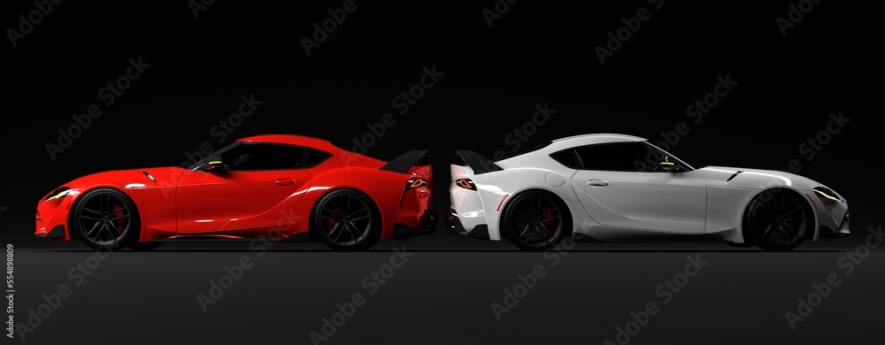 New Toyota GR Supra, luxury Red and White Sportscar isolated on black ...