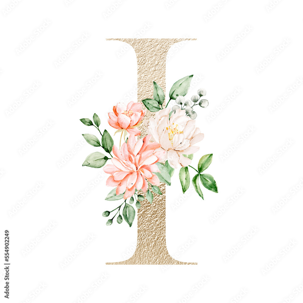 Floral alphabet, gold letter I with watercolor flowers and leaf ...