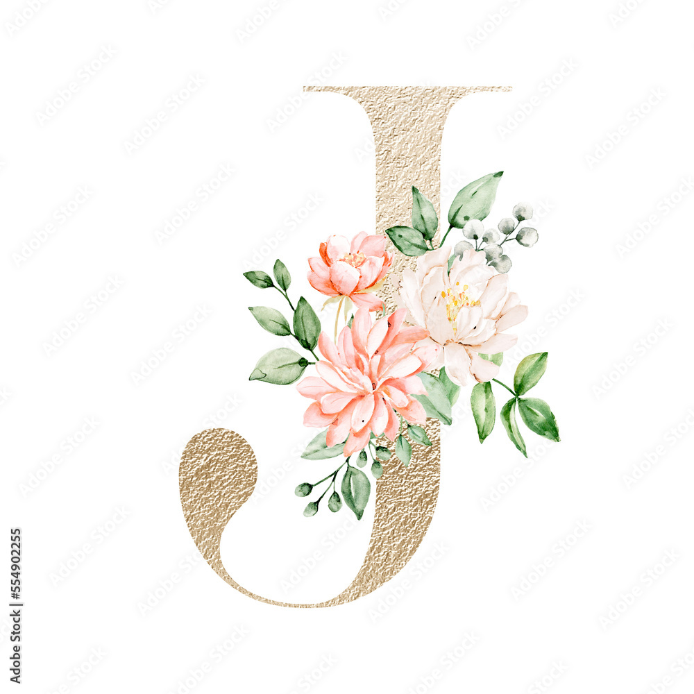 Floral alphabet, gold letter J with watercolor flowers and leaf ...