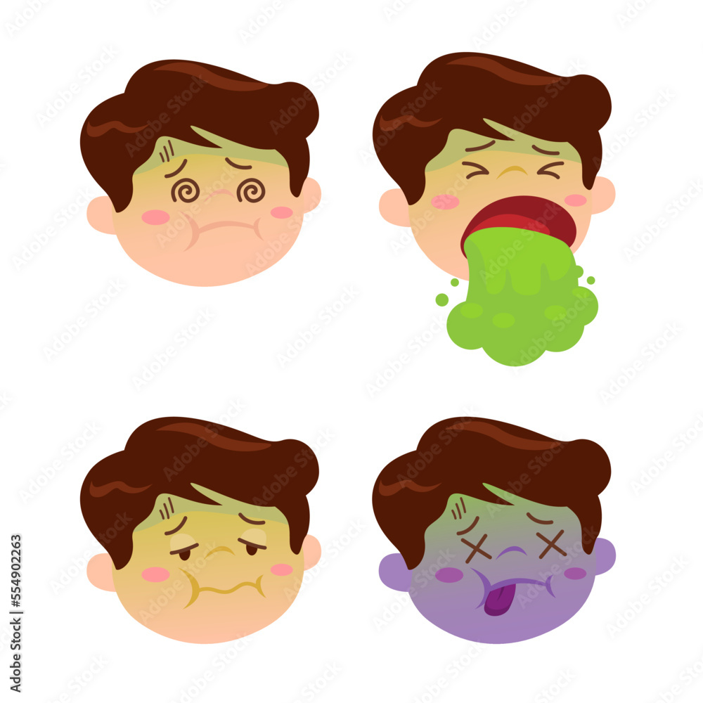 Boy sick dizzy and vomiting icon set cartoon illustration vector Stock ...