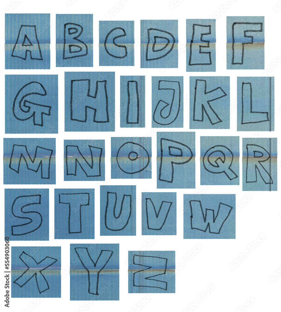 scan of dark felt pen abc letters on blue paper with folding marks ...