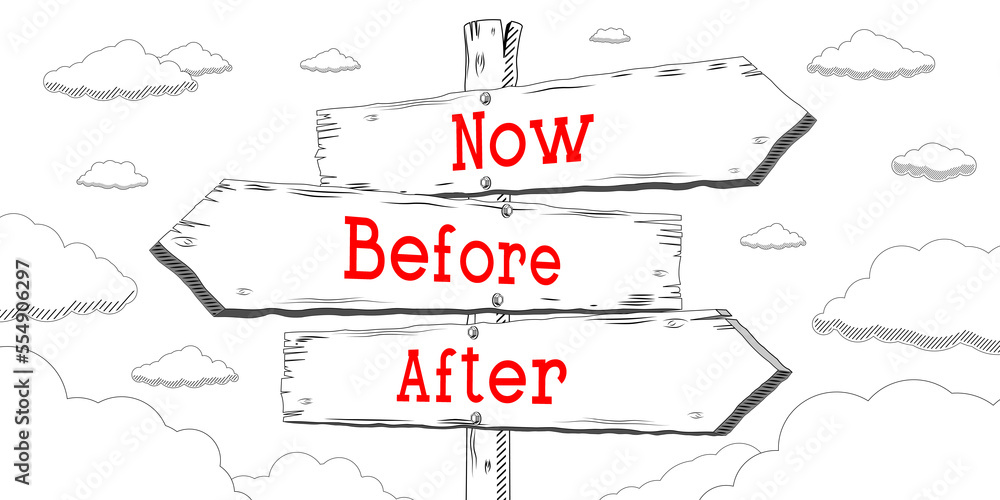 Now, before, after - outline signpost with three arrows Stock ...