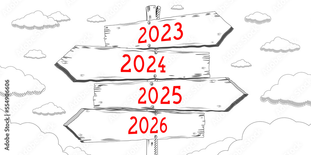 2023, 2024, 2025, 2026 - outline signpost with four arrows Stock ... 2023, 2024, 2025, 2026 - outline signpost with four arrows Stock ...