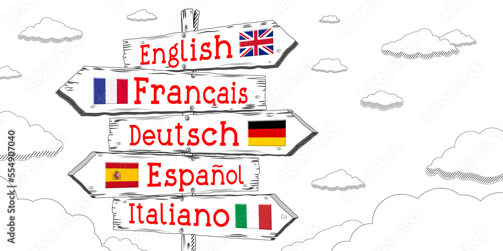 English, French, German, Spanish, Italian - outline signpost with five ...