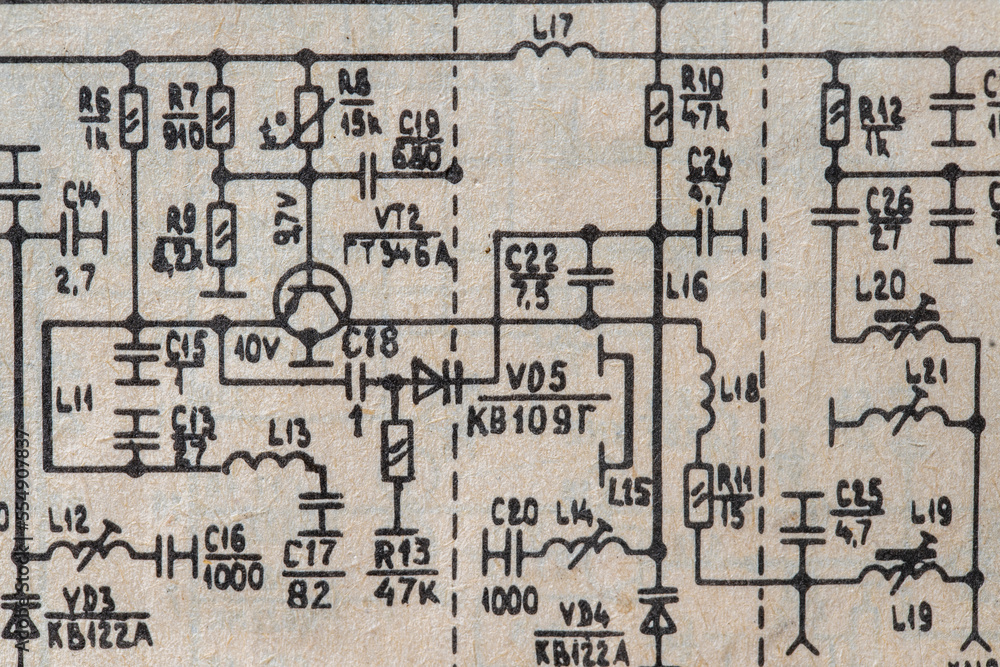 Old radio circuit printed on vintage paper electricity diagram as ...