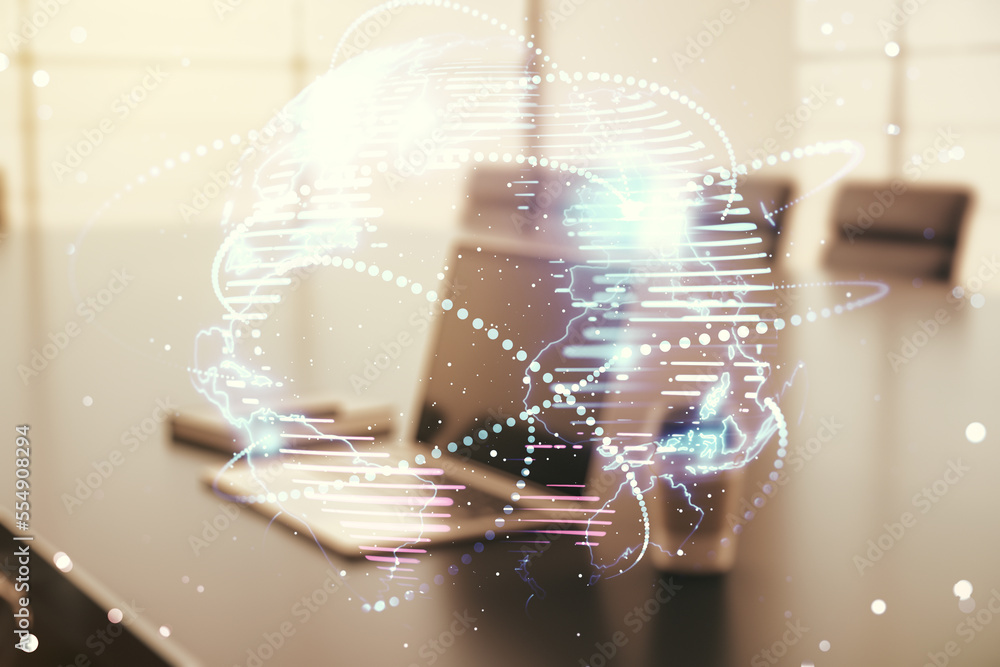 Abstract graphic digital world map with connections on modern computer ...