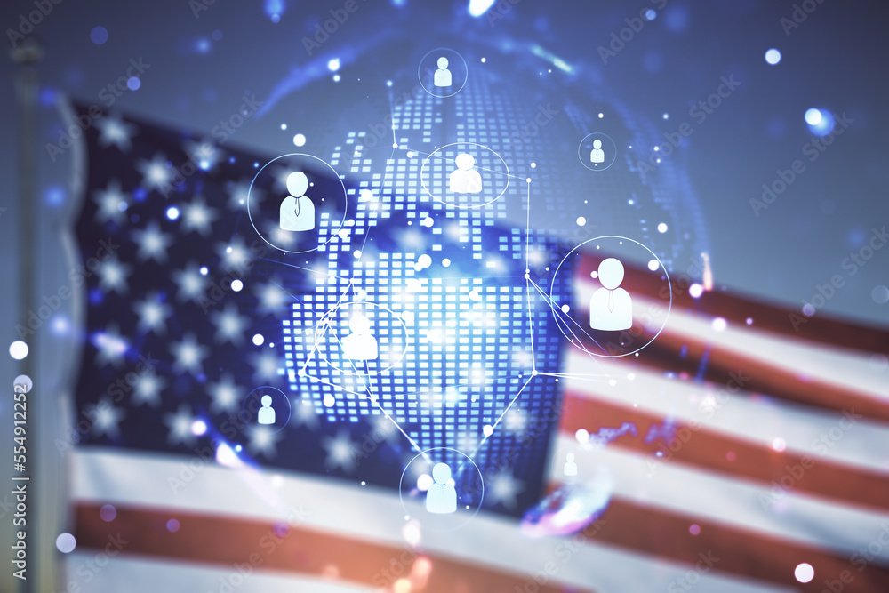 Virtual social network hologram and world map on USA flag and sunset ...