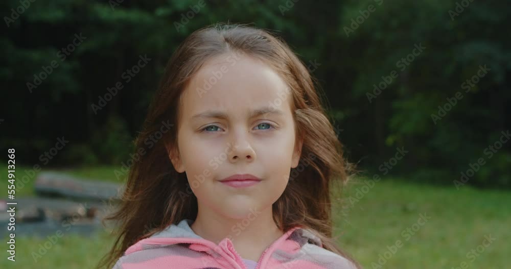 Portrait of a cute little girl. The child looks into the camera, the ...