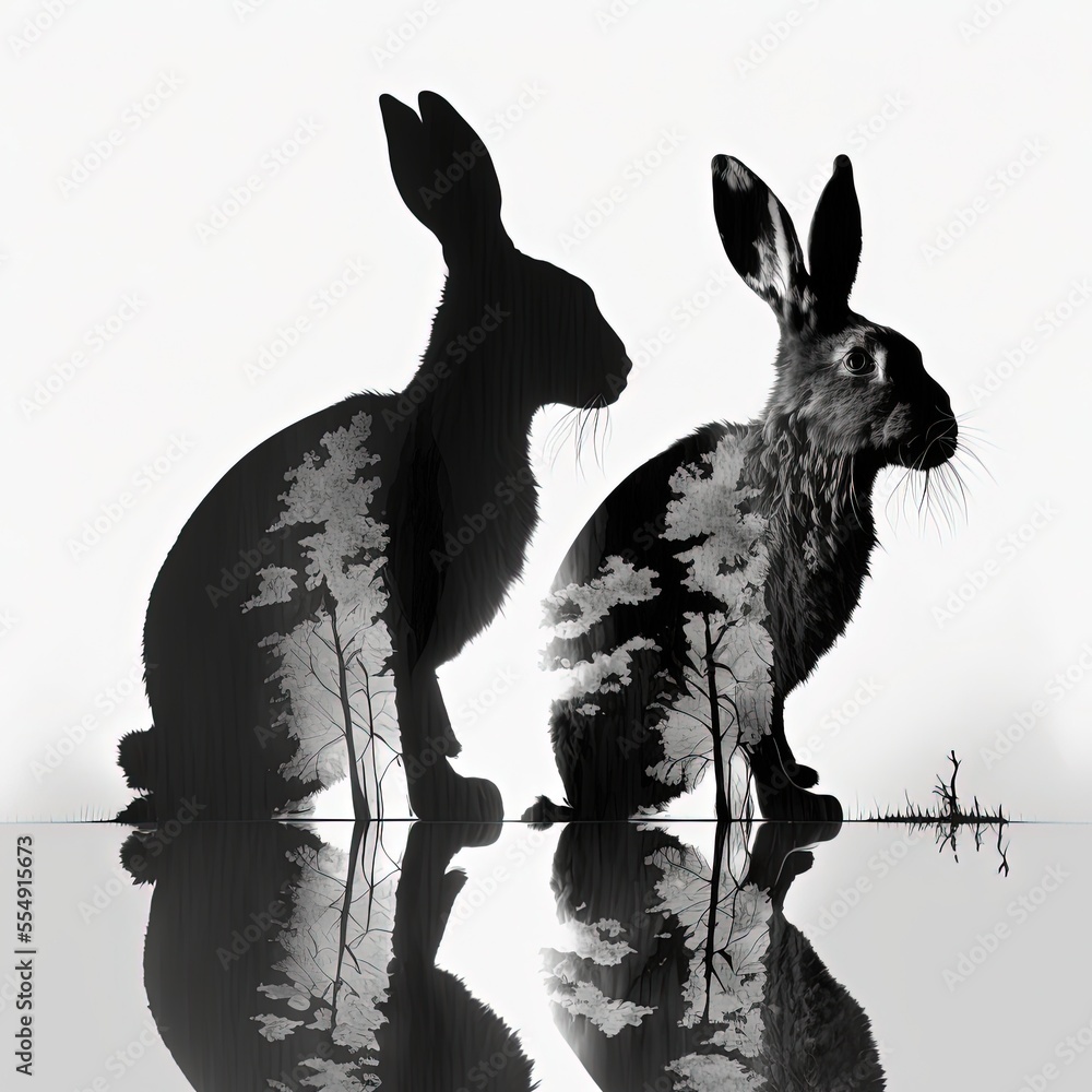Two black an white rabbits, Silhouette of rabbit, rabbit year ...