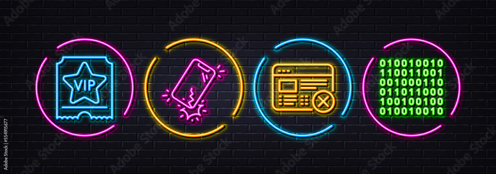 Smartphone broken, Vip ticket and Reject web minimal line icons. Neon ... Smartphone broken, Vip ticket and Reject web minimal line icons. Neon ...