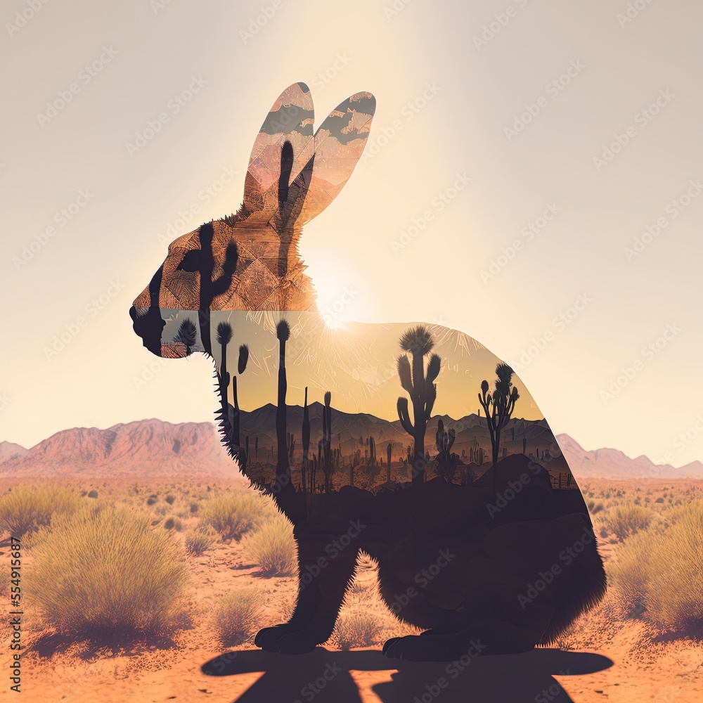 Rabbit in desert, Silhouette of rabbit, rabbit year illustration, year 2023, year of the water ...