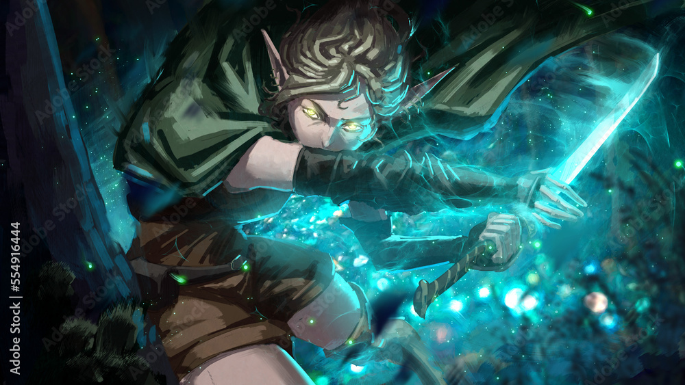 elf girl in a dynamic pose silently runs into battle from the ambush of ...