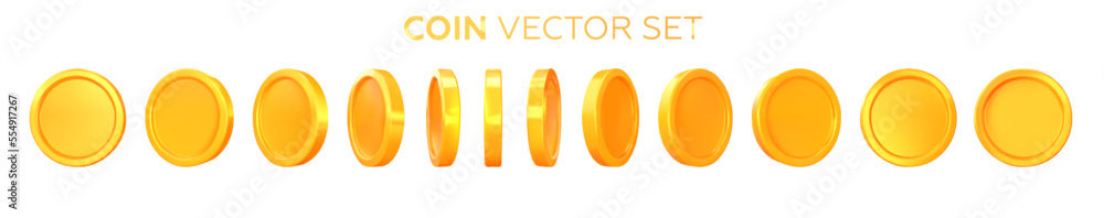Gold coins rotating in different positions. Flip coins. A set of 3d ...