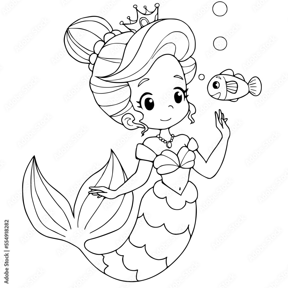 Mermaid with fish coloring book pages vector illustration isolated on ...