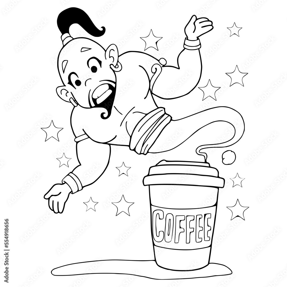 genie and coffee cup cartoon coloring book, coloring page vector ...