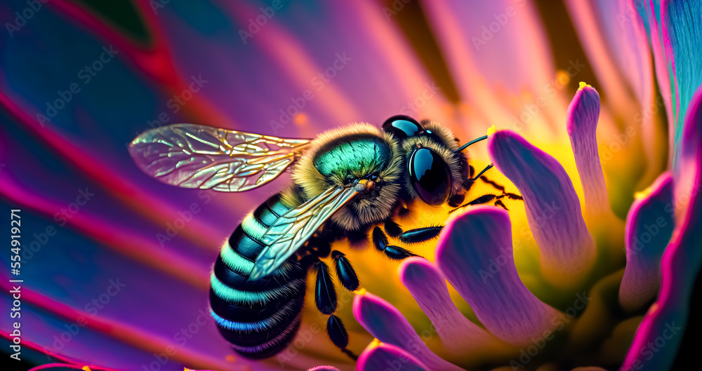 Close-up of a bee landing on a flower for pollination. Bees pollinate ...