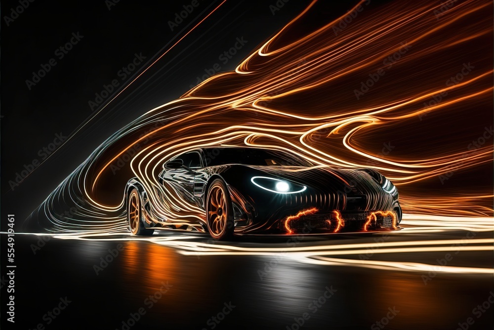 a car driving through a tunnel of light with a black background and a ...