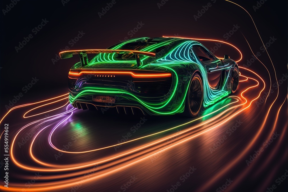 a car with neon lights on it driving down a road at night with a black ...