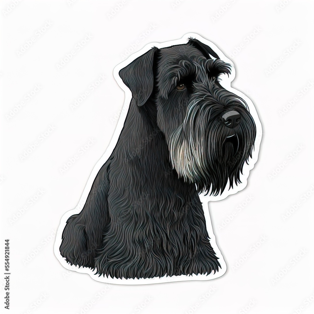 a black dog sticker with a white background and a black dog's head is ...