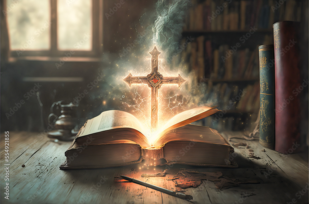 The mystical Christian Cross dominates an ancient library with mystical ...