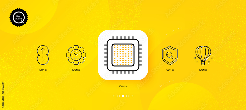 Inspect, Cpu processor and Time management minimal line icons. Yellow abstract background. Air ...