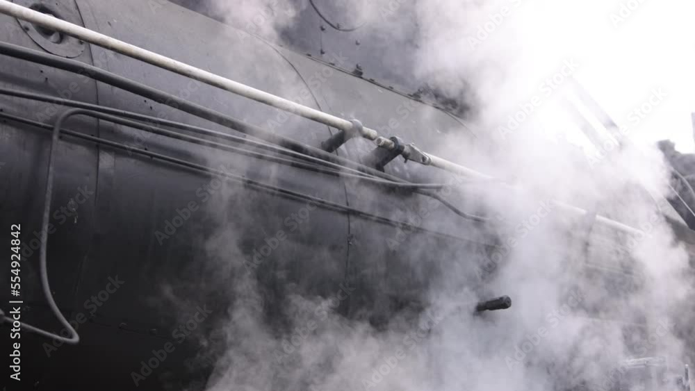 Vintage steam train locomotive. Pair locomotive train leaking smoke ...