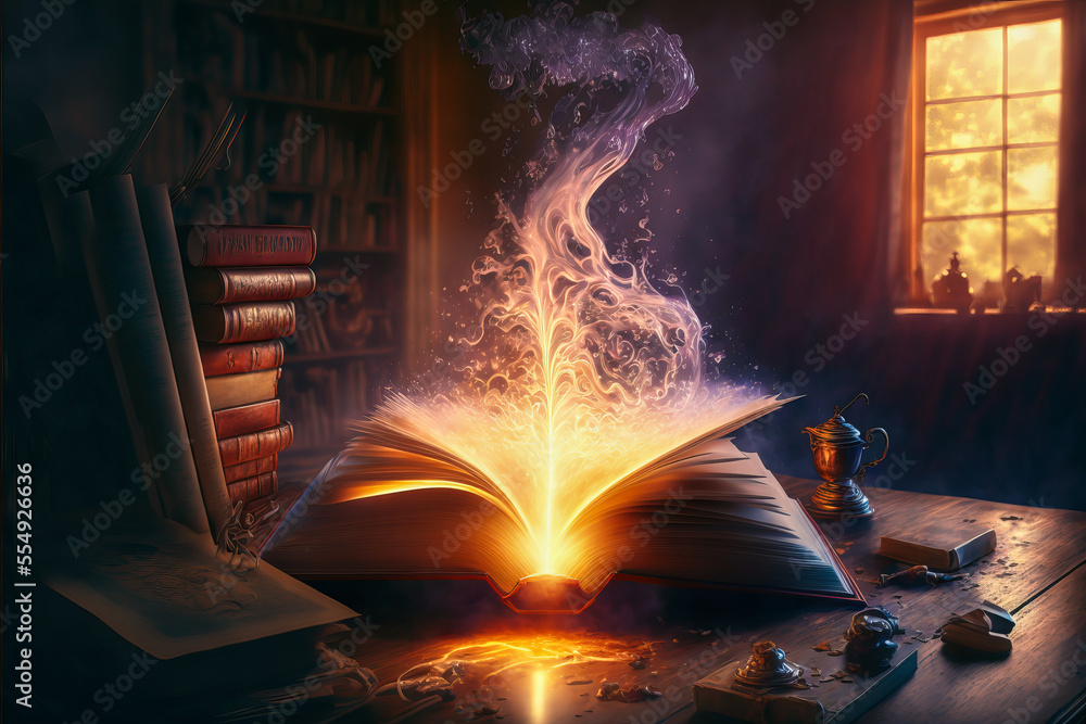 Magical book opens with sparkles and smoke coming out, symbolizing ...