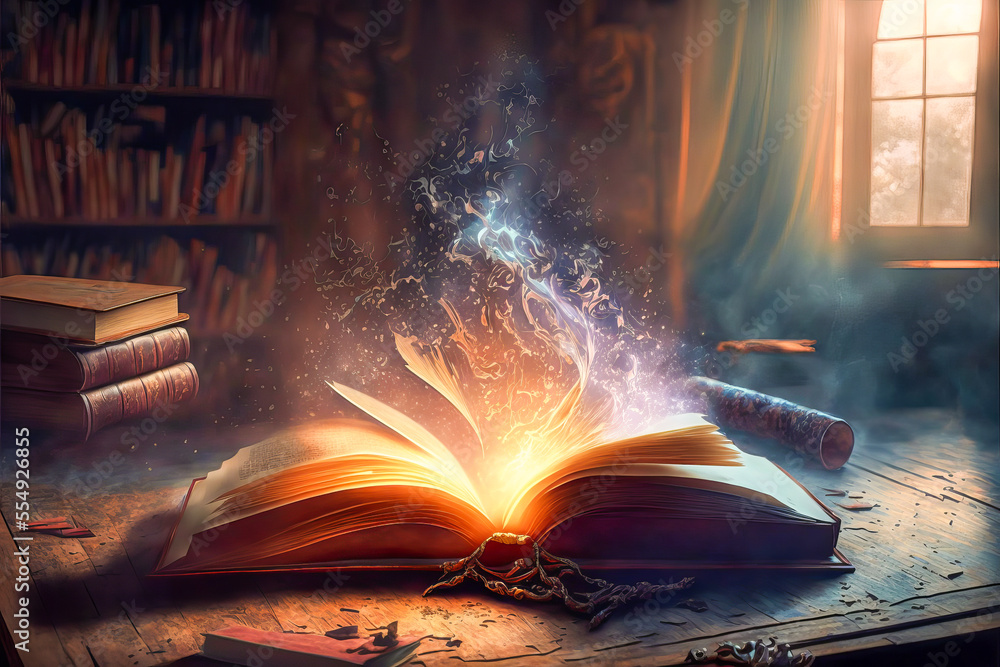 An open magical book with sparks and smoke exiting it, symbolizing ancient spells. Its ...