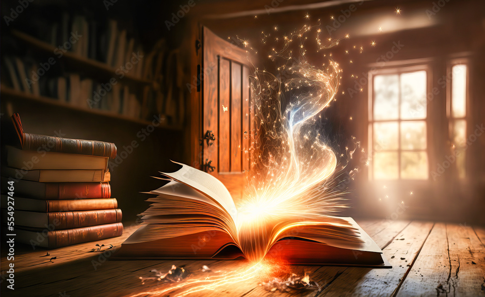 Open book of magic with sparks and magical smoke rising out. Symbol of ...